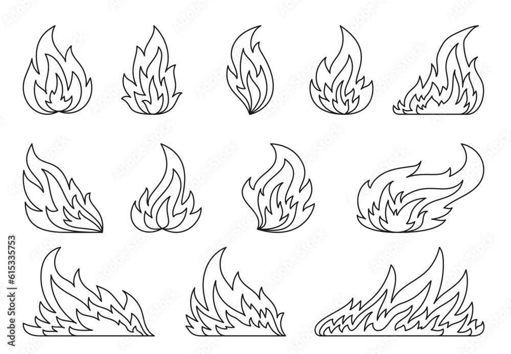 Fireball flame, hot fire linear signs. Campfire fiery black line icon ...