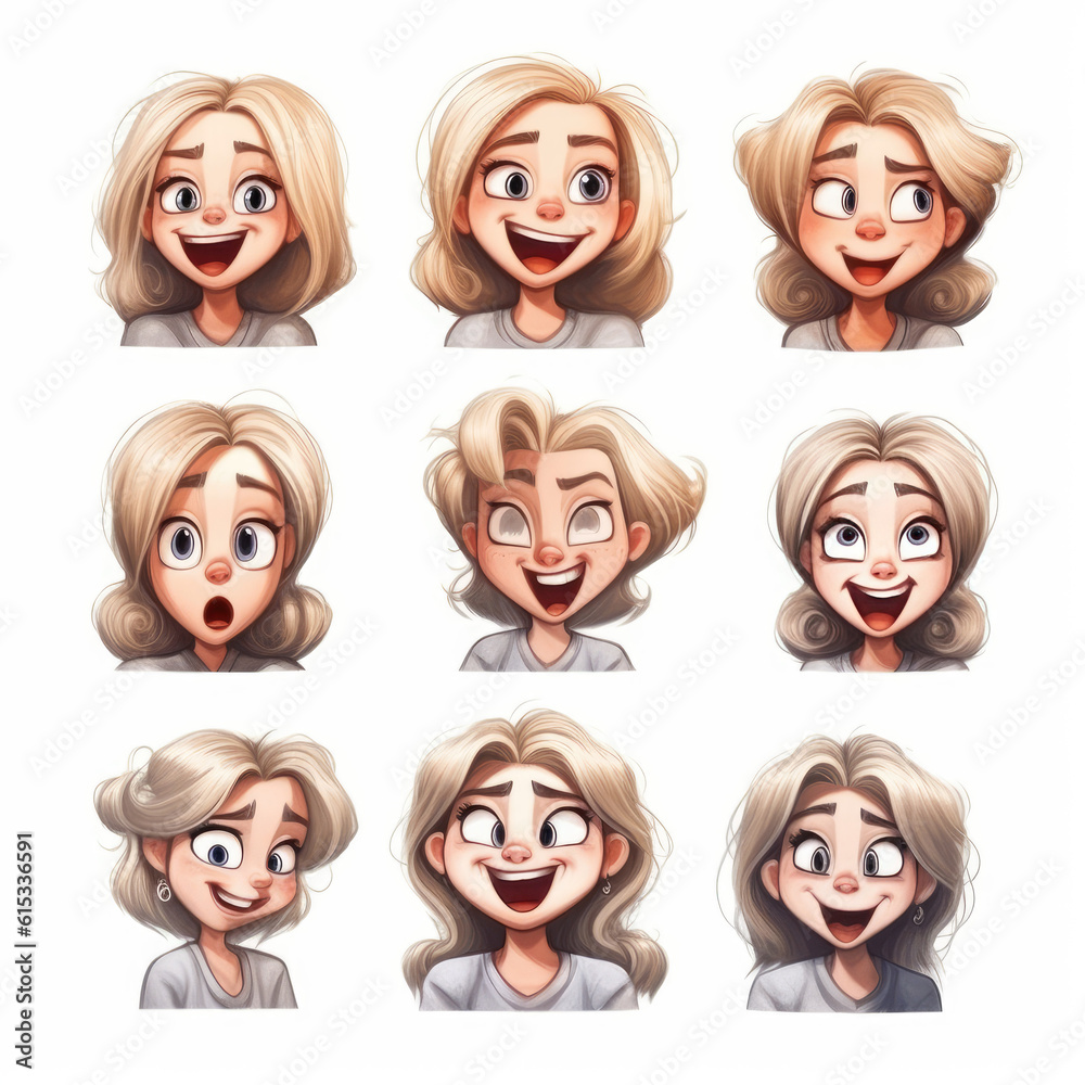 Cute cartoon girl , blonde shot hair, smile face, laughing, happy ...