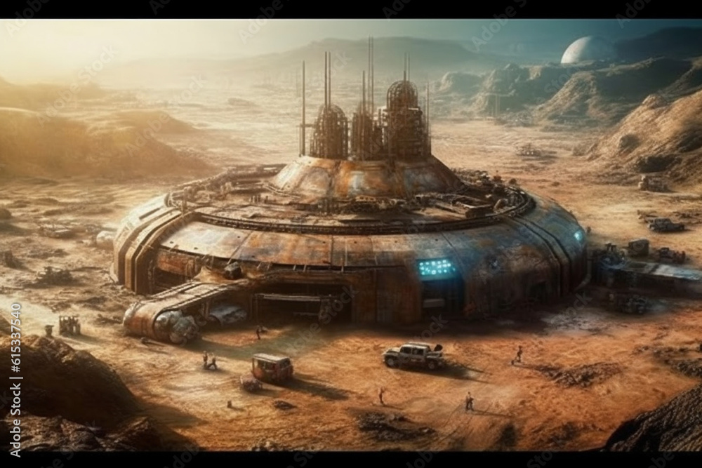 Futuristic alien base built on the captivating terrain of planet Mars ...