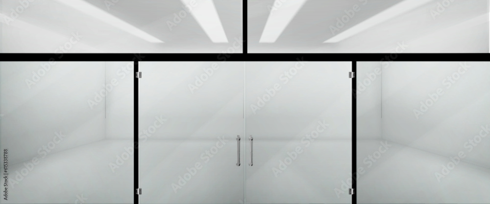 3d front glass window and door in store mockup. Realistic empty office ...