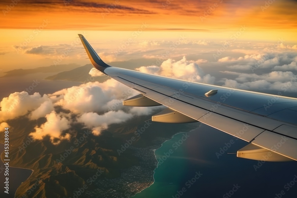 Airplane wing flying plane jet over tropical islands in ocean, view ...