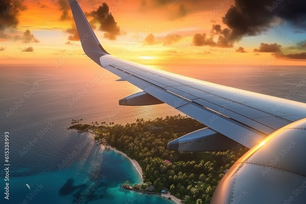Airplane wing flying plane jet over tropical islands in ocean, view ...