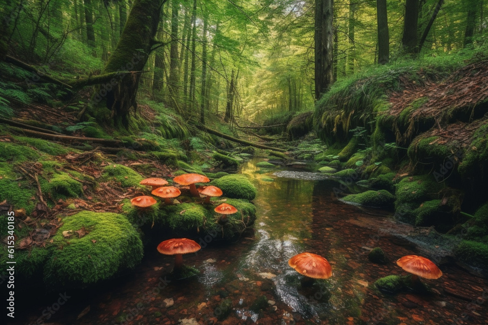 Amazing forest with a serene small river or babbling creek harmonizes ...