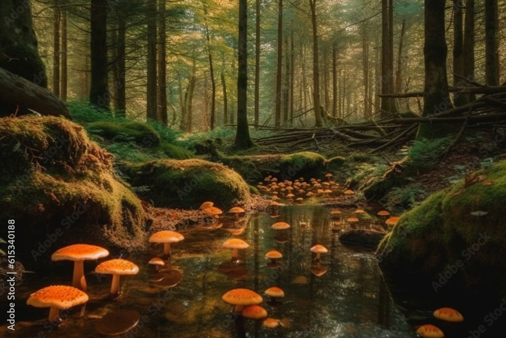 Amazing forest with a serene small river or babbling creek harmonizes ...