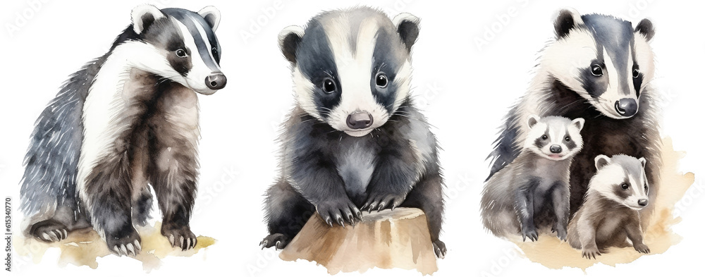 Watercolour illustration collection of badgers isolated on white ...