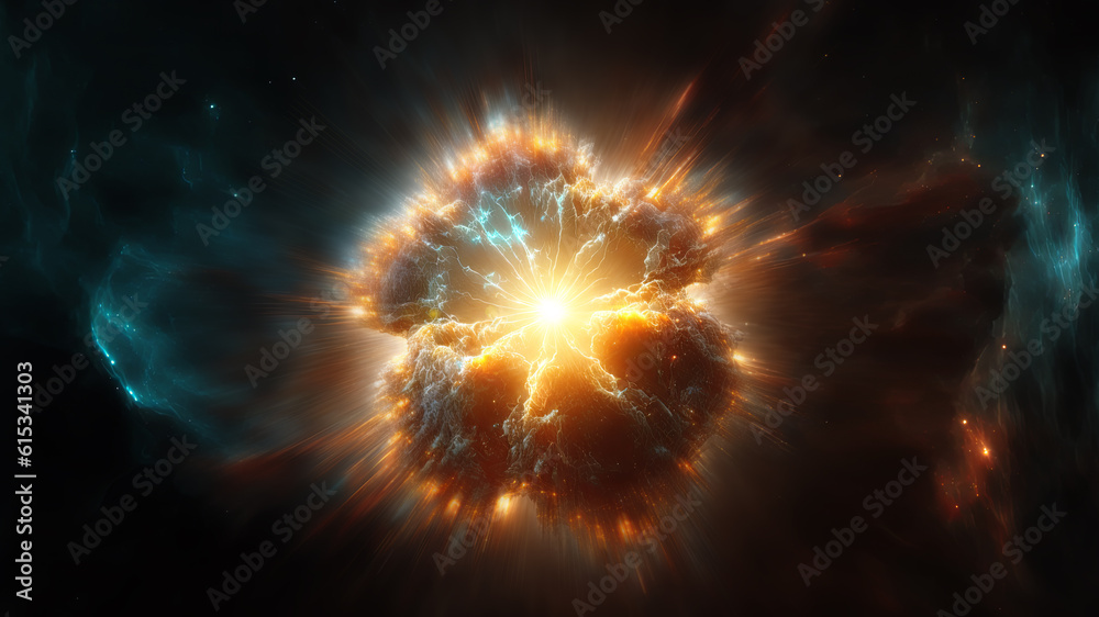 View of the birth of a star in space during a nebula explosion. Nuclear ...
