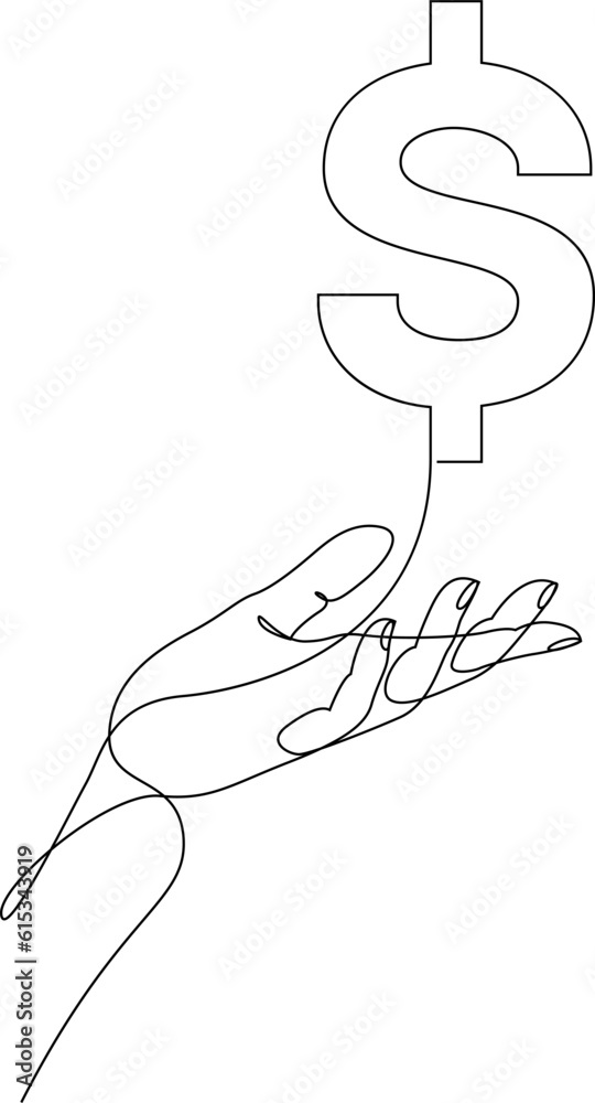 Hand holding dollar sign continuous single line drawing. Currency ...