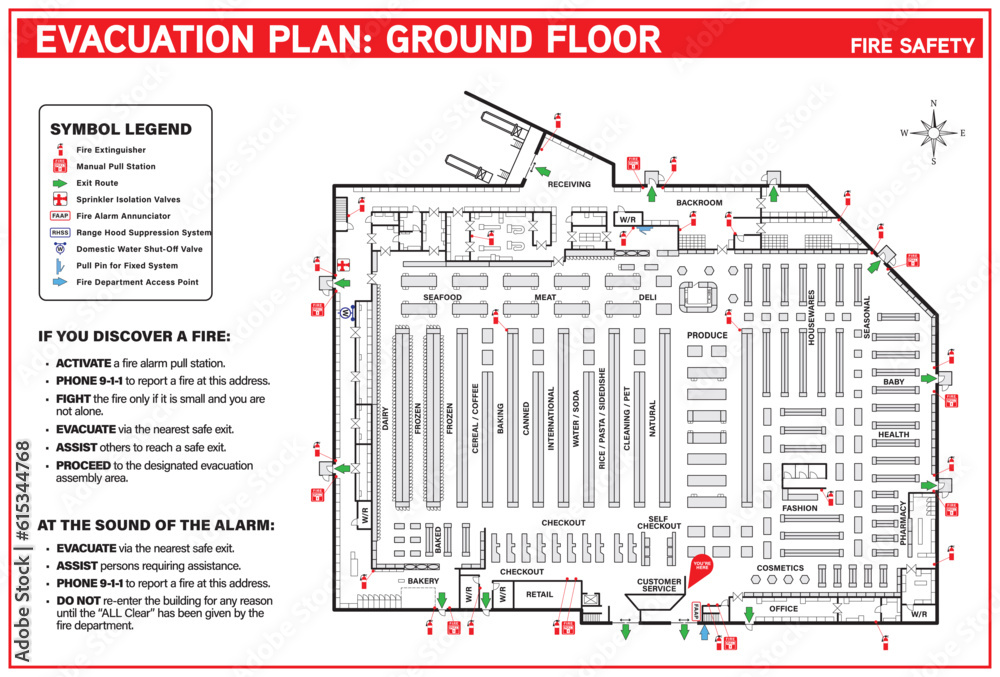 Vetor de Evacuation plan for grocery store or supermarket. Fire ...