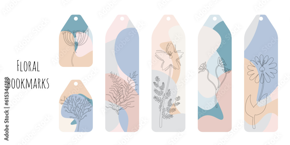 Set of 6 bookmarks with colored waves and floral elements. Elegant ...