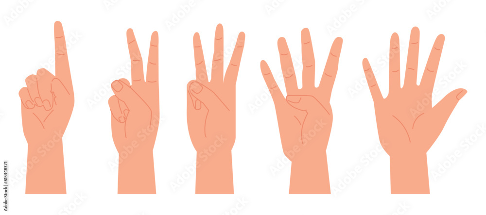 Vetor de Hand gestures. Vector illustration set, counting fingers. Gesture palm, pointing hand ...