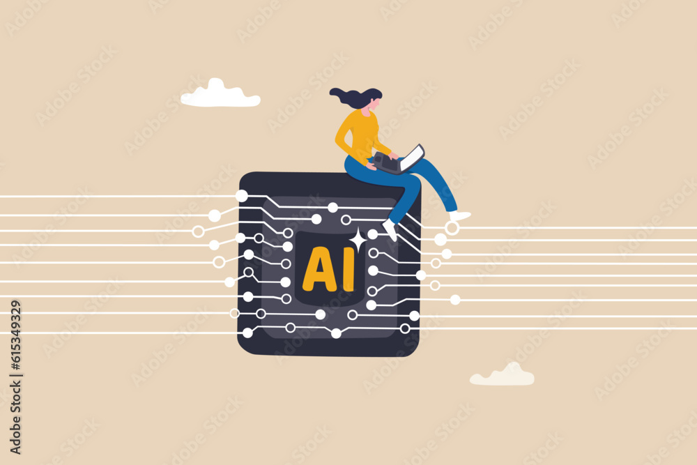Working with AI artificial intelligence, technology helping or support ...