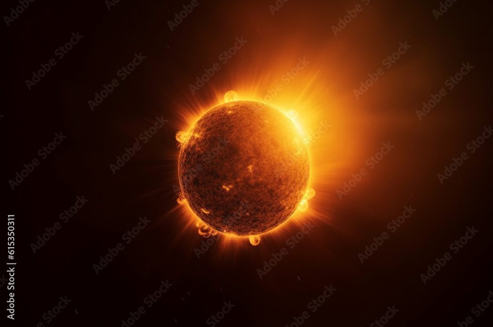 Sun flare, solar and fire burn in dark sky for astrology, universe and ...
