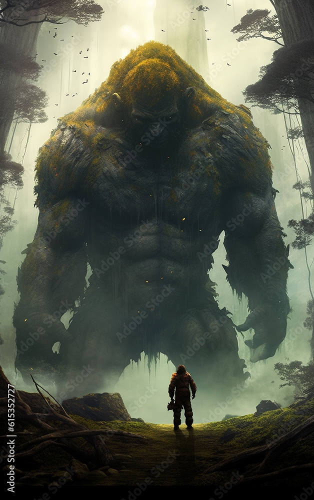 Generative AI Man in the forest with giant monster. 3D illustration ...