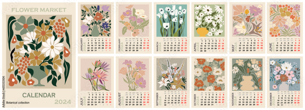 Floral calendar template for 2024 . Vertical design with abstract ...
