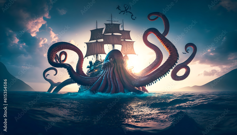 Giant monster Kraken attacks wood ship in sea. Cthulhu octopus with tentacles underwater and ...