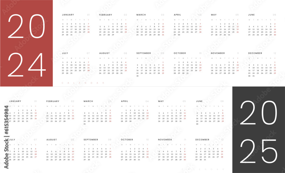 Set of 2024, 2025 Annual Calendar template. Vector layout of a wall or ...