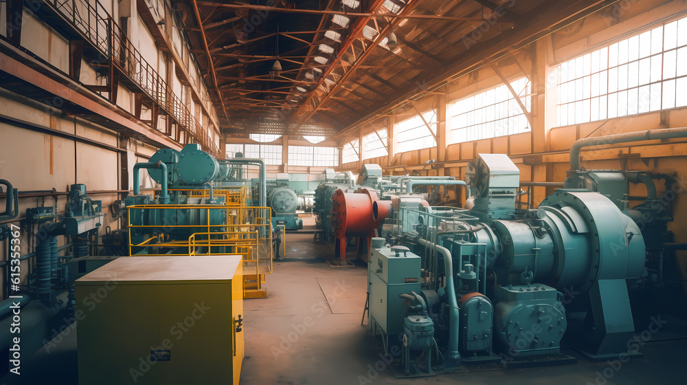 Industrial interior, hydroelectric power station with electric ...