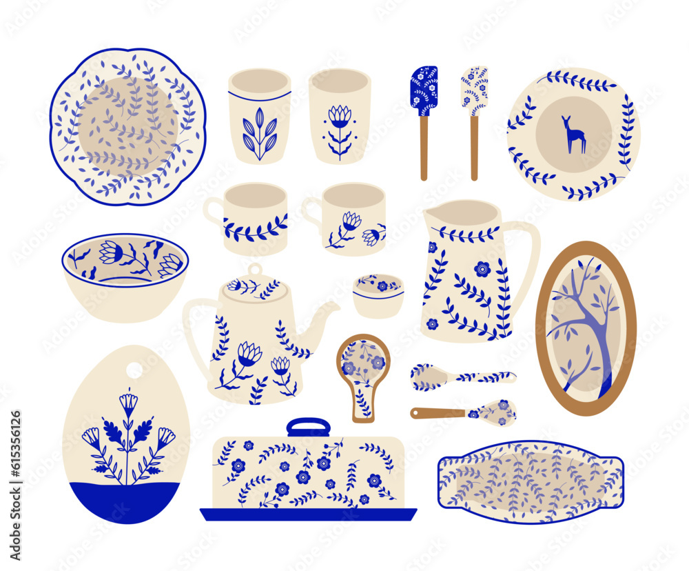 Decorative tableware with ornaments set. Kitchen utensil. Cup, mug and ...