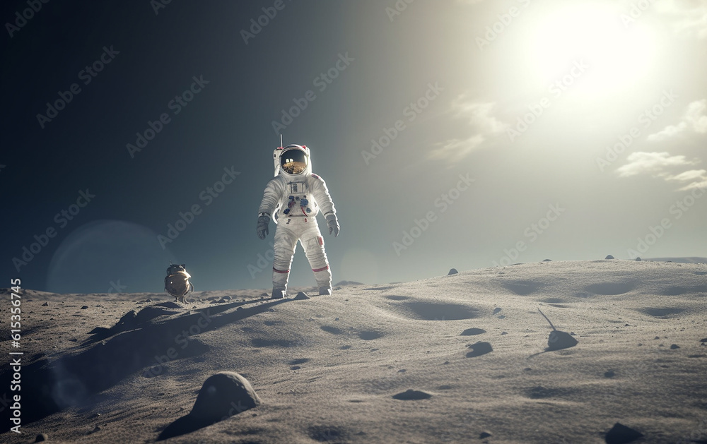 Astronaut, person and moon surface exploration for solar system ...