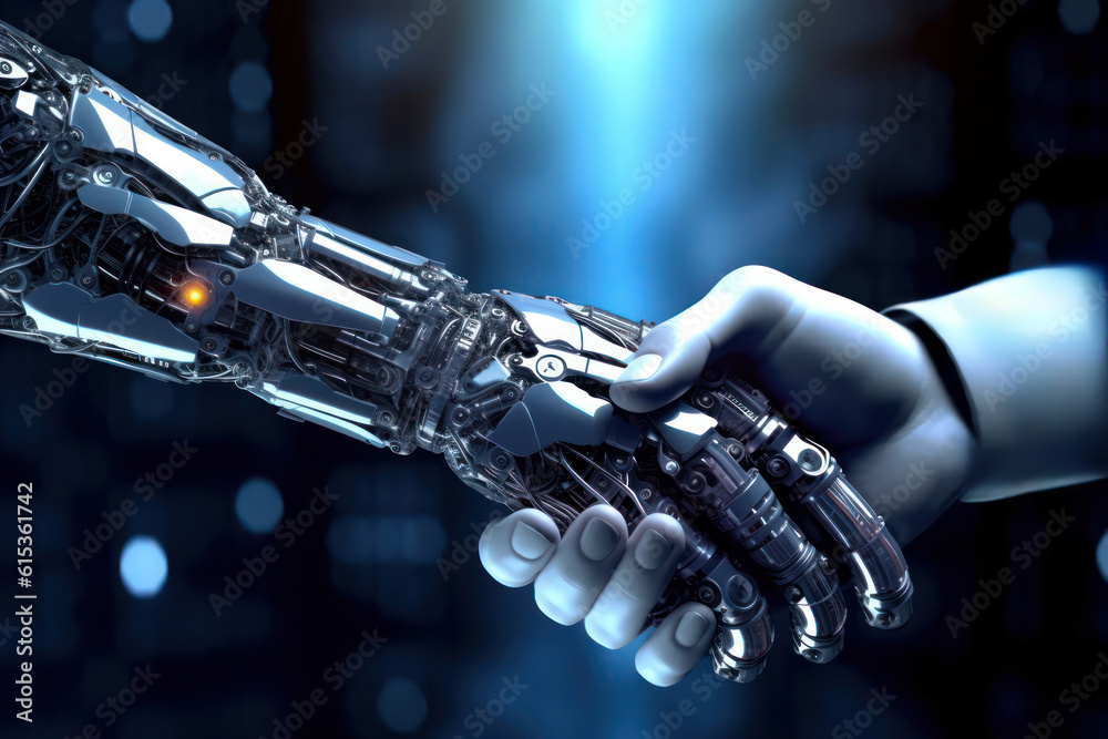 AI and machine learning business deal. Human and robot handshake on ...