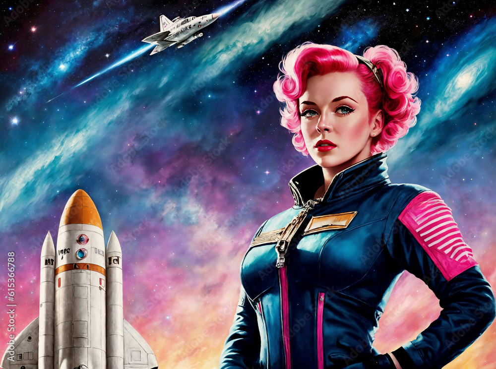 Woman as an astronaut on background of stars and universe, space theme ...