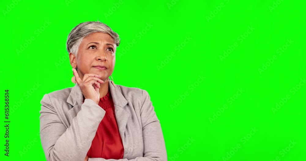 Green screen, thinking and senior woman with ideas, solution and old ...