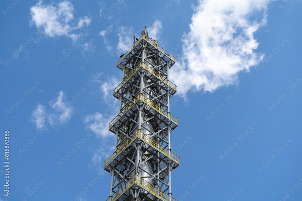 Oil refinery tower. Petroleum plant factory building. Big industrial ...