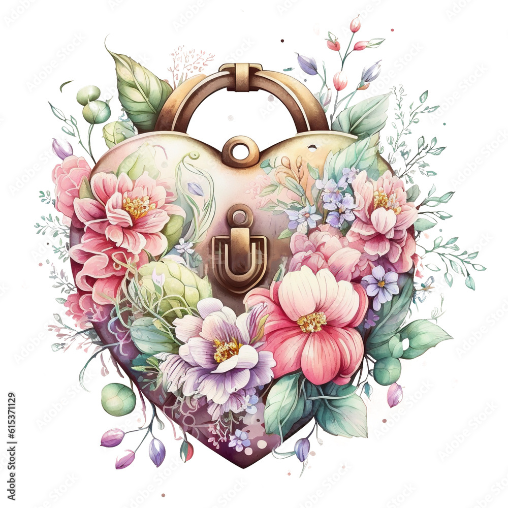 Watercolor Clip art, Watercolor Sublimation Design, Floral Heart Lock ...