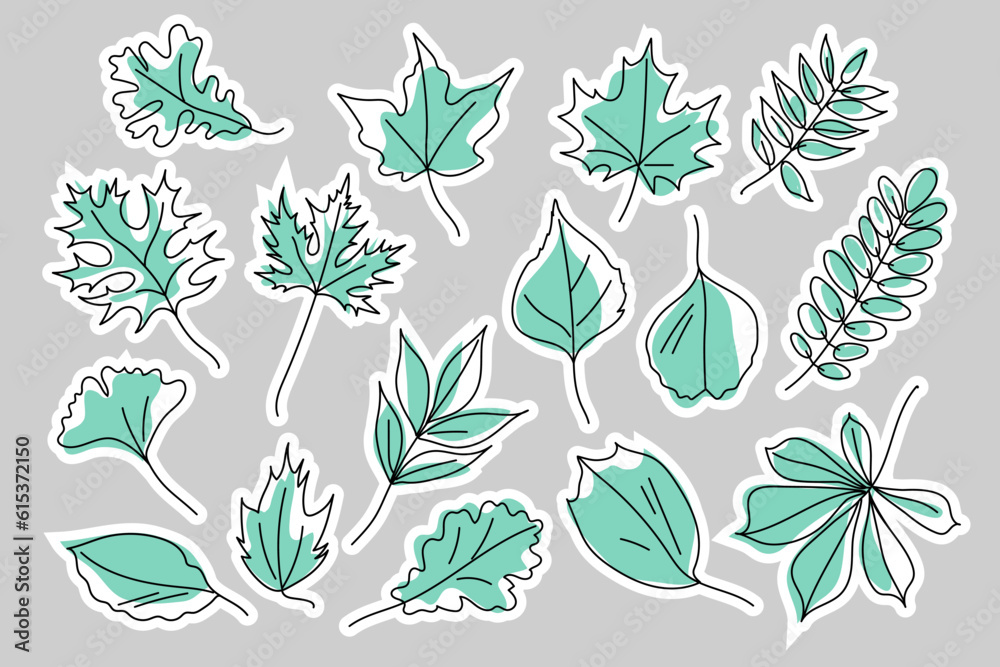 Stickers of leaves of different trees. Leaves of maple, oak, chestnut ...