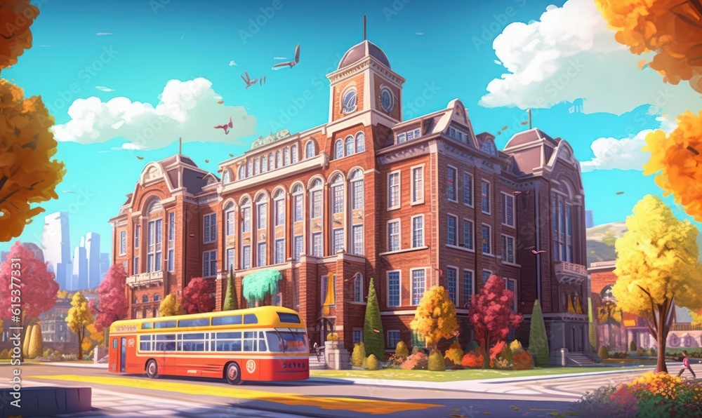 Colorful Modern School Building Illustration. Back to School Background ...