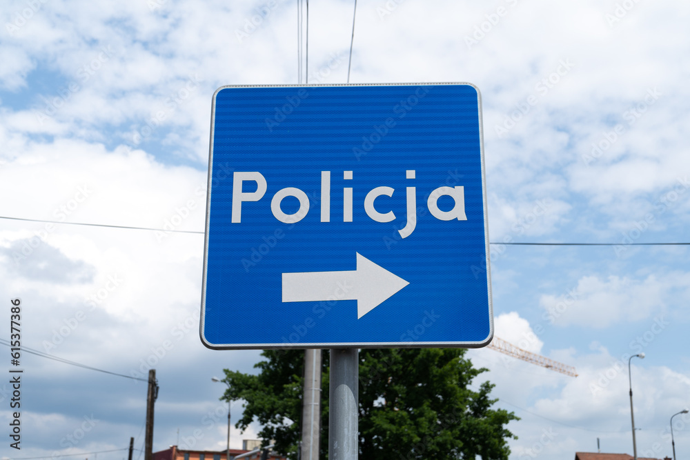 Police information road sign in Poland, indicating the location of a ...