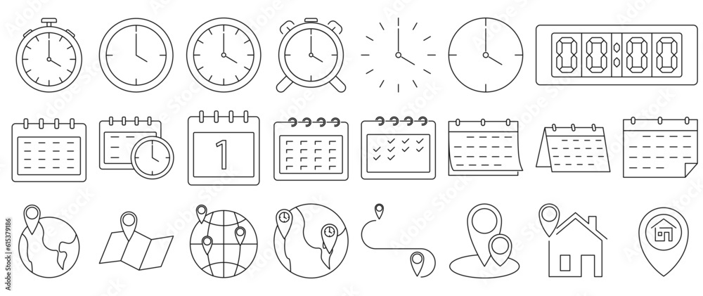 Time Date And Address concept icon set. Containing Calendar, clock, digital clock and location ...