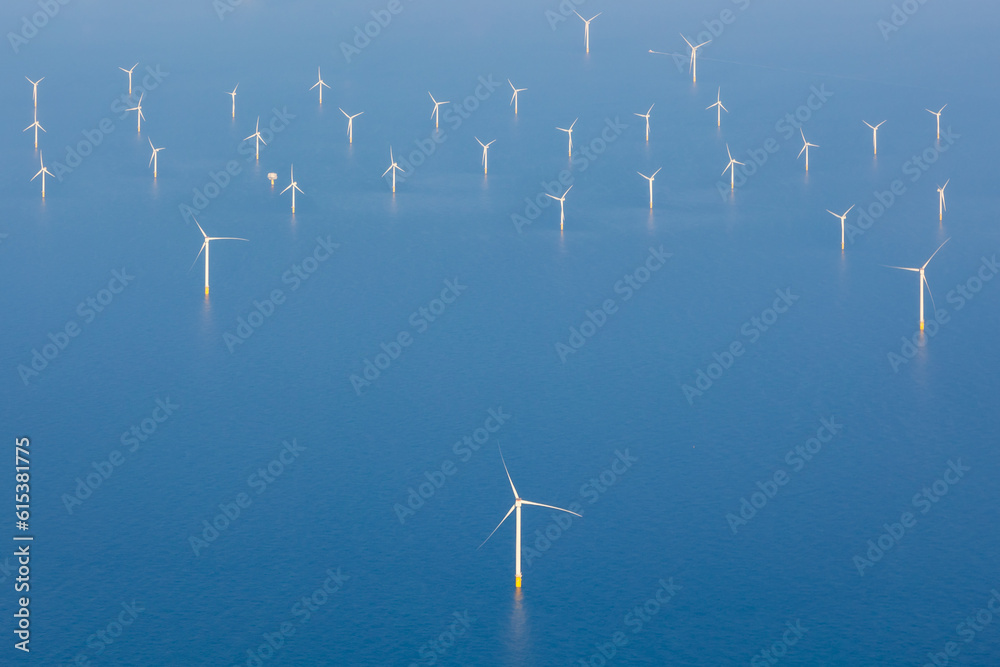 Aerial view of offshore wind farm with wind turbines on the North Sea ...