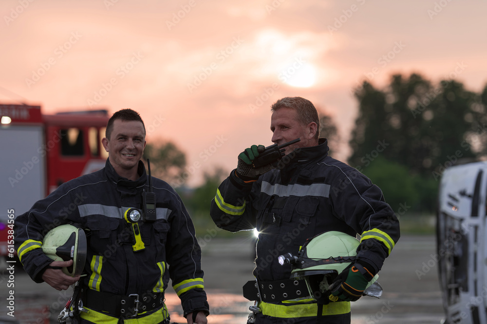 fireman using walkie talkie at rescue action fire truck and fireman's ...