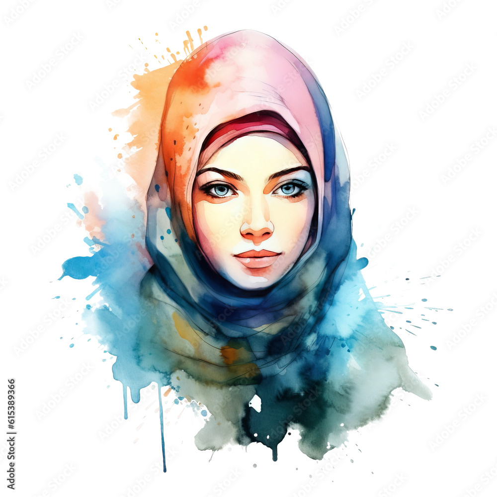 Muslim girl portrait, watercolor, PNG background Stock Illustration ...
