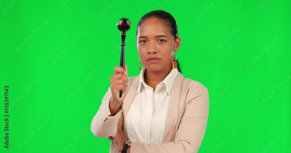 Confidence, face and female judge with a gavel in a studio with green ...