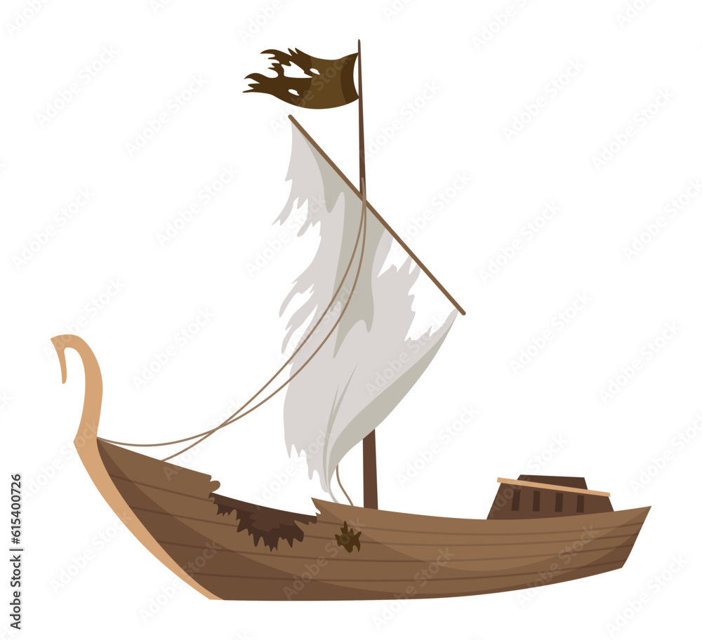 Broken ship icon. Cartoon wooden battered ship with tattered flag and ...