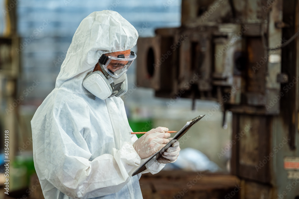 Male inspector team investigate danger chemical gas leak spill with ...