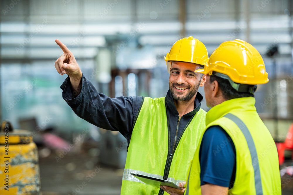 Two professional engineer worker technician assistant in helmet ...