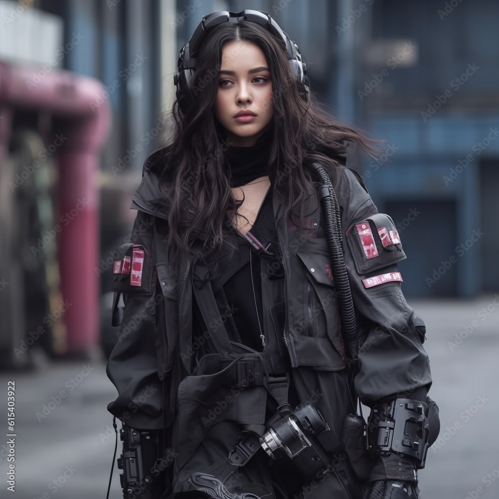 Sexy woman in black military uniform and cap standing on the road ...