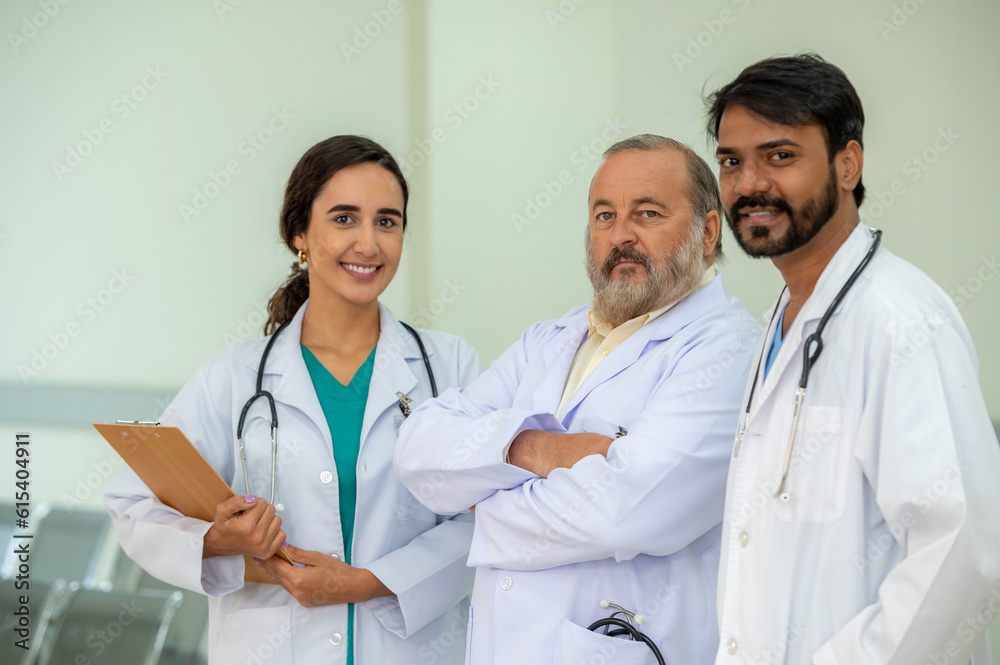 Multidisciplinary teamwork Three doctor portrait in white coat gown ...