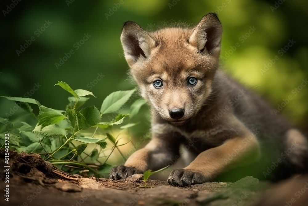 Wolf cub in nature on summer forest background. Closeup animal portrait ...