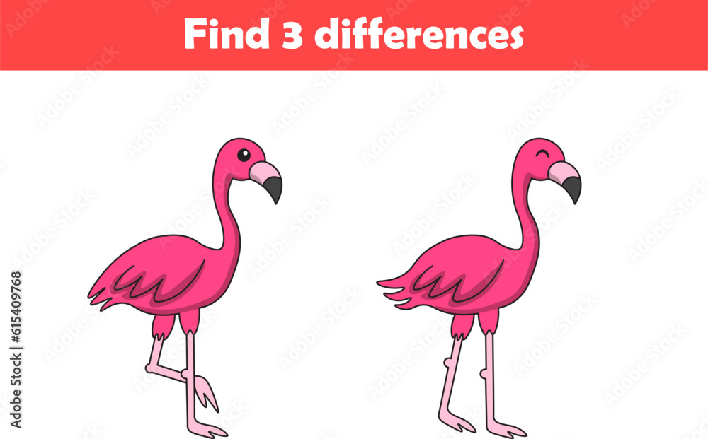 Education game for children find three differences between two flamingo ...