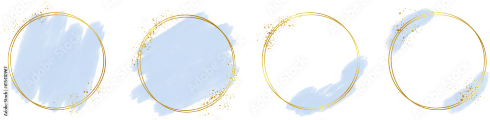 Gold frame with abstract splashes of blue watercolor brush strokes for ...