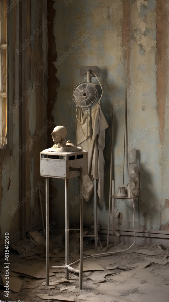 Creepy hospital interior with abandoned fan and table, horror movie set ...