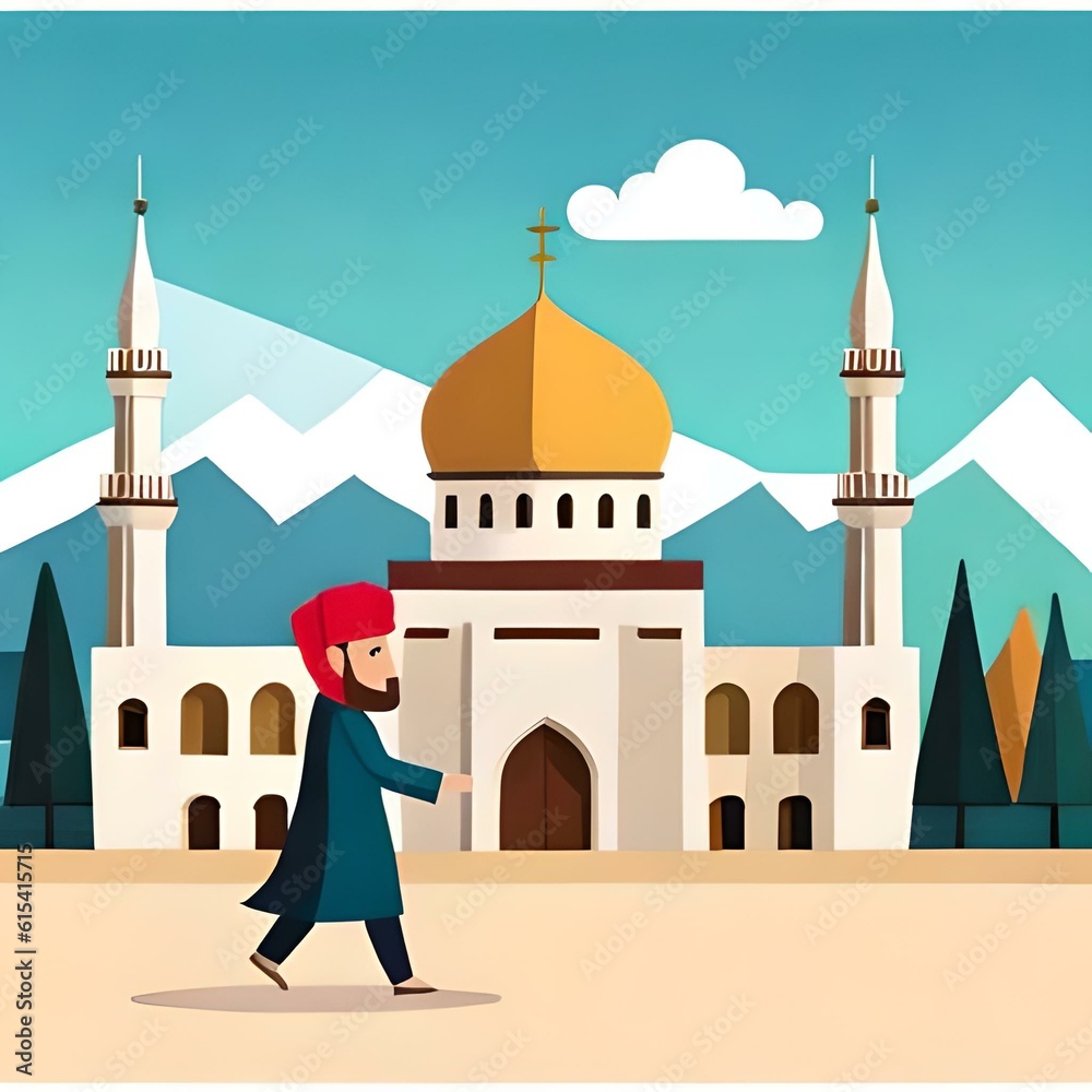 Islamic mosque with muslim walking icon symbol clip art cartoon flat ...
