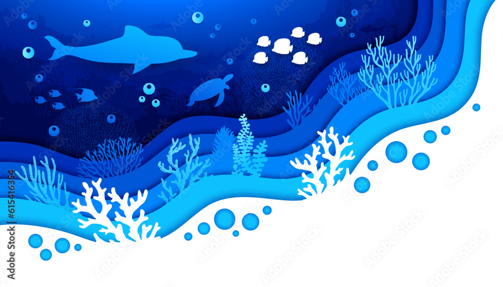 Underwater paper cut landscape with dolphin, turtle and seaweeds ...