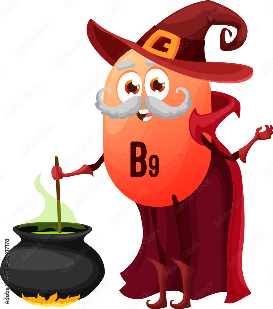 Cartoon vitamin B9 mage character. Vector magician with gray mustaches ...