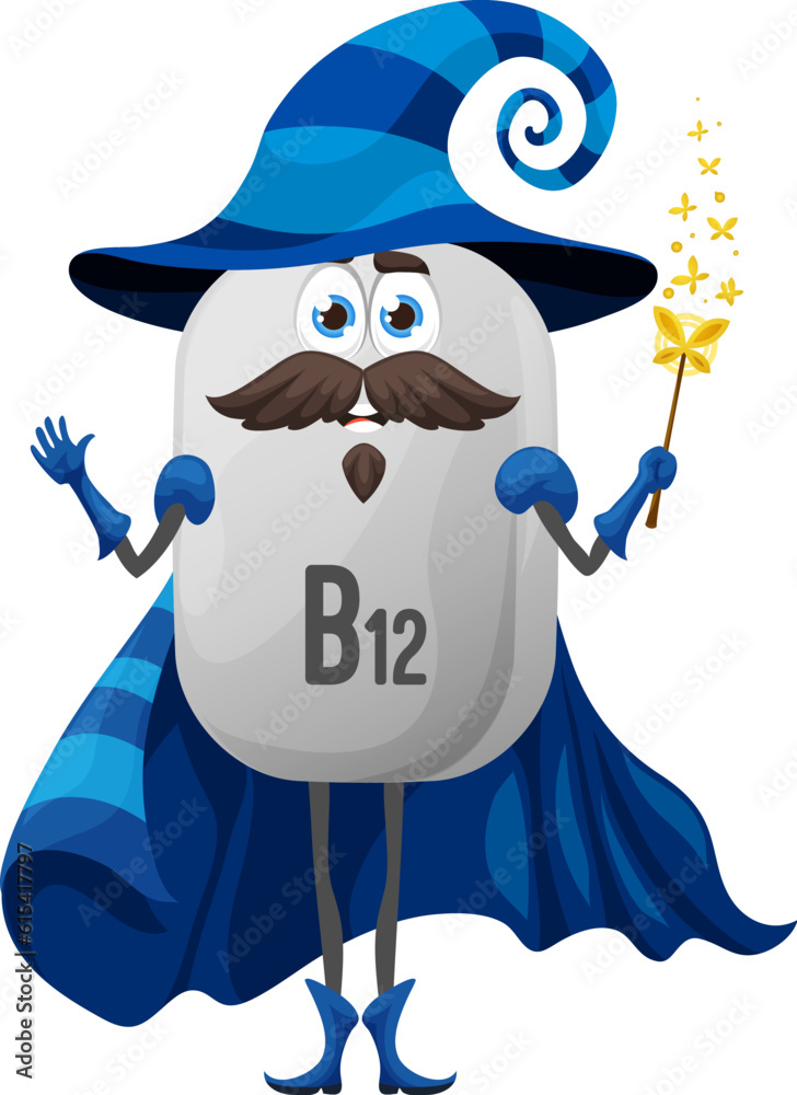 Cartoon vitamin B12 magician character. Vector white cobalamin capsule ...