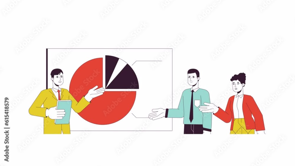 Coworkers discuss chart animation. Animated cartoon spokesman with ...